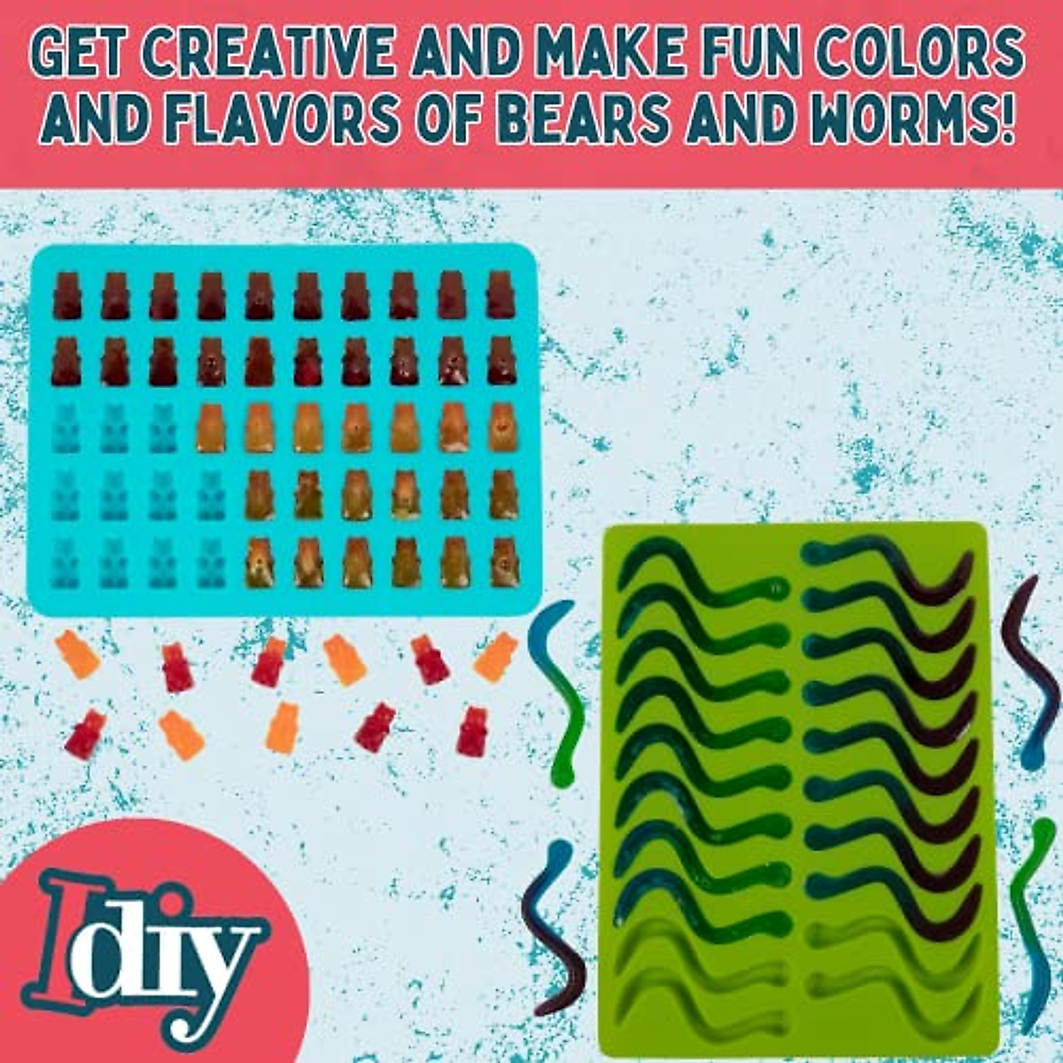 Gummy Bear & Worm Silicone Candy Molds, 4 Pack Set - Nonstick Trays with 2 Droppers for Chocolate, Ice Cubes, BPA-Free -Makes up to 62 Candies -Summer Camp Birthday Gift