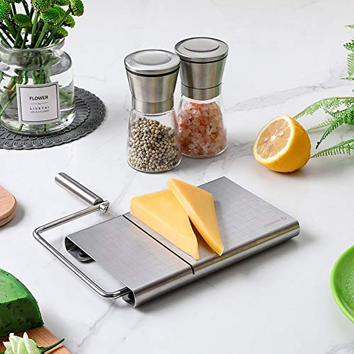 zanmini Cheese Slicer, Stainless Steel Cheese Cutter with Accurate Size Scale, Wire Cheese Slicer for Cheese Butter, Equipped with 4 Replaceable Cheese Slicer Wires