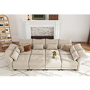 LLappuil 8 Seater Modular Sectional Sofa Deep Seat 114 Inch Large Chenille Sectional Couches for Living Room with Reversible Ottoman, Adjustable Armrest Backrest, Khaki
