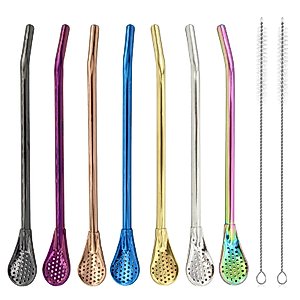 Anller Premium Straw Spoons Bombillas Yerba Mate Straw, Drinking Stirring Straws with Filter Spoon -7.2inch (7 Straws + 2 Cleaning brushes）