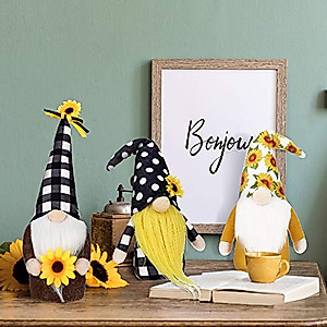 3 Pieces Summer Swedish Gnomes Decor Spring Buffalo Plaid Rustic Tiered Tray Decorations Plush Sunflower Ornaments for Home Garden Kitchen Decor