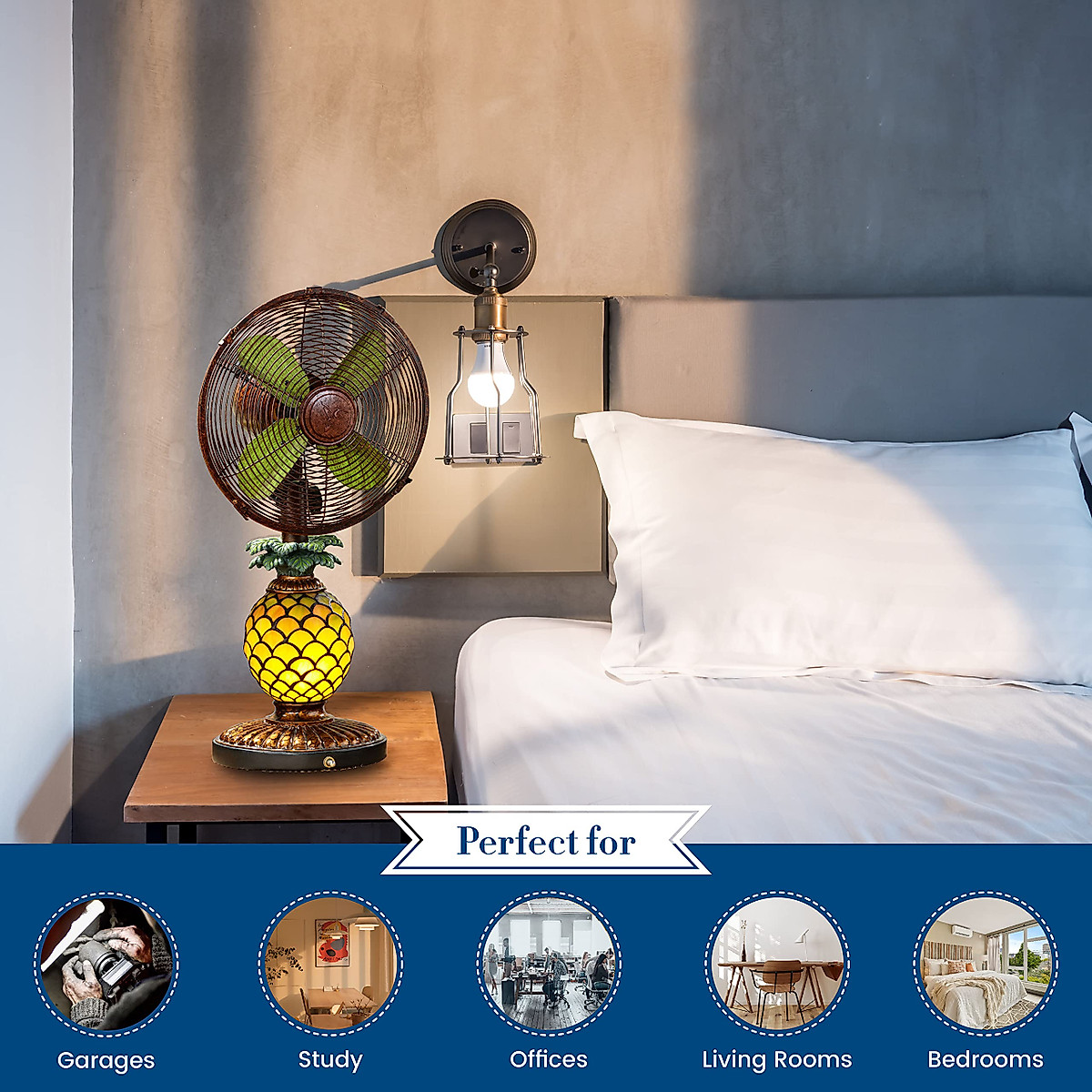 DecoBREEZE Oscillating Table Fan with Lamp, 3-Speed Portable Fan, Pineapple, Mosaic Glass Antique Fan and Lamp, 10 inches