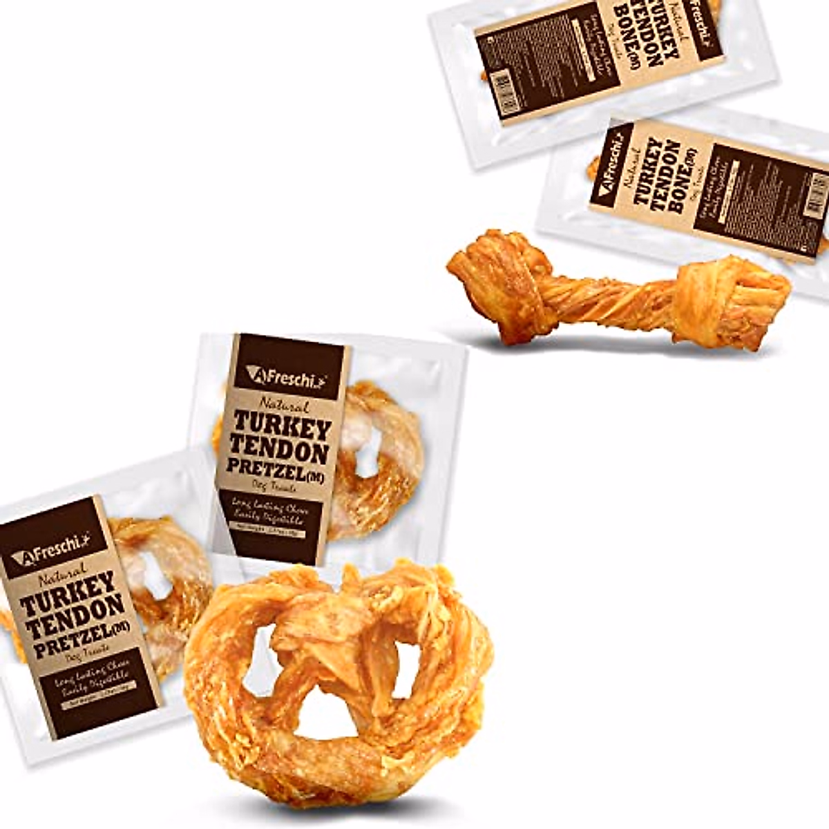 AFreschi Turkey Tendon for Dogs, 2 Pretzel in a Pack and 2 Bone in a Pack, Ingredient Sourced from USA, Alternative to Rawhide, Premium All-Natural, Hypoallergenic, Dog Chew Treat, Easy to Digest