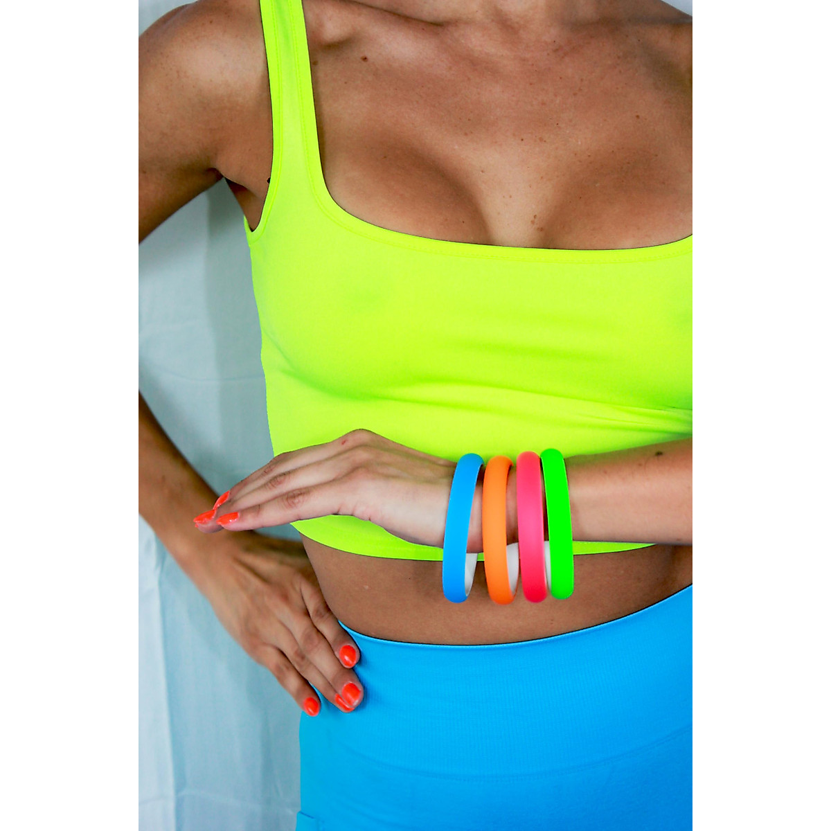 NEON NATION 4 Pack Thin 1/2 Inch Fluorescent Bright Neon Colored Matt Finish 80s Style Bangle Bracelets (4 Pack Neon Orange)