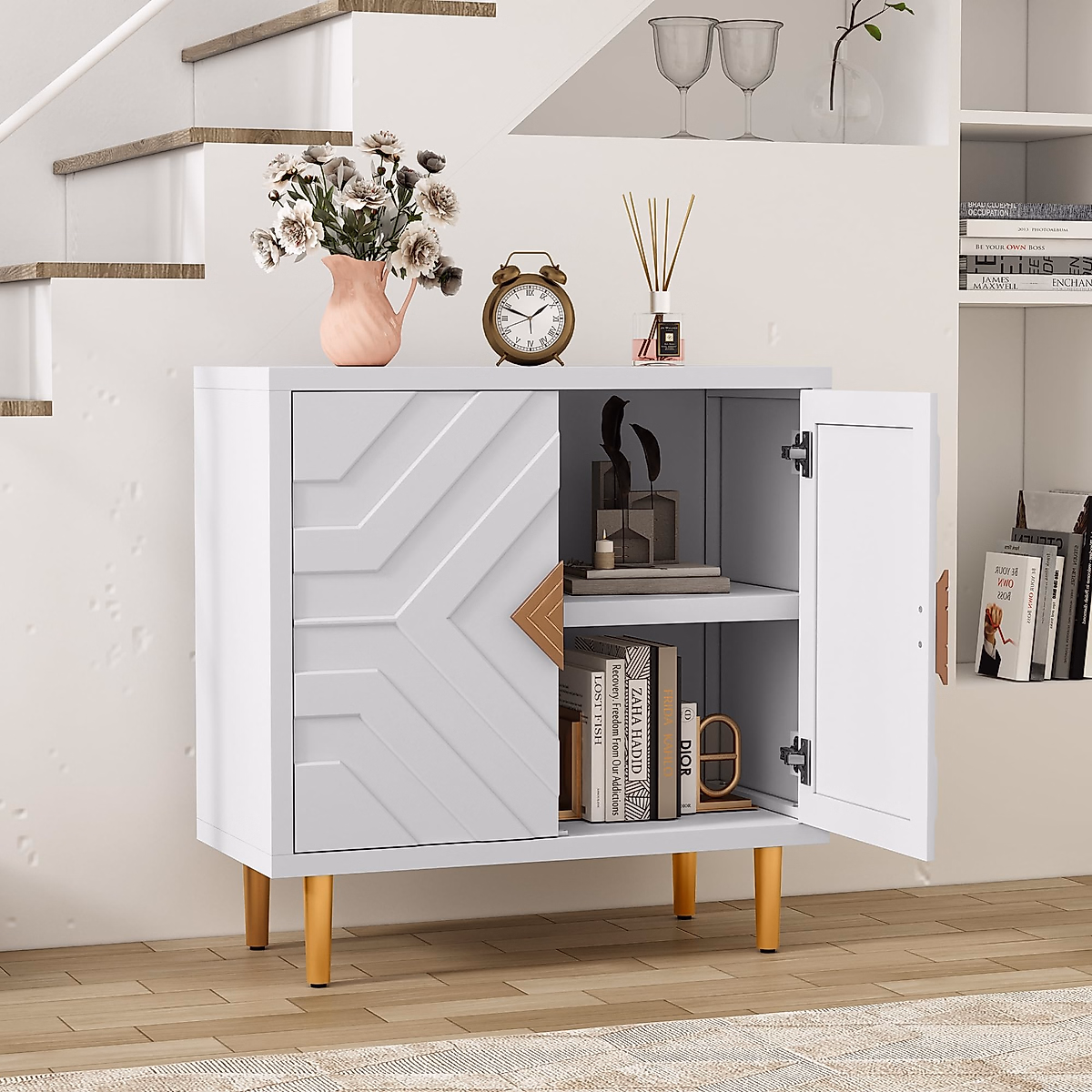 HLR Storage Cabinet with 2 Doors, Accent Cabinet with Decorative Embossed Pattern Doors, Buffet Cabinet Sideboard for Living Room, Kitchen, Dining Room, Hallway