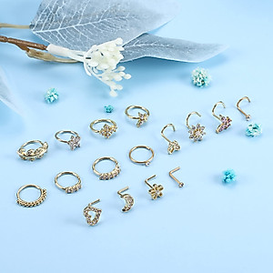 ORAZIO 16Pcs Nose Rings For Women Surgical Steel Nose Studs Hoops 20G Nose Hoop Corkscrew L Shaped Nose Stud Gold Silver Nose Ring Nose Piercing Jewelry (Gold Tone)