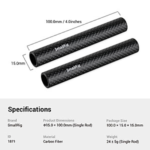 SmallRig 15mm Carbon Fiber Rods (4 Inch) for 15mm Rail Support System - 1871