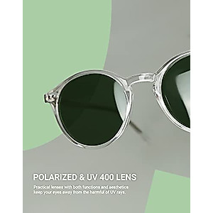 TIJN Polarized Colored Sunglasses for Womens Mens,Retro Small Round Frame,UV400 Protection Tinted Lens Sunnies(Clear+Green)