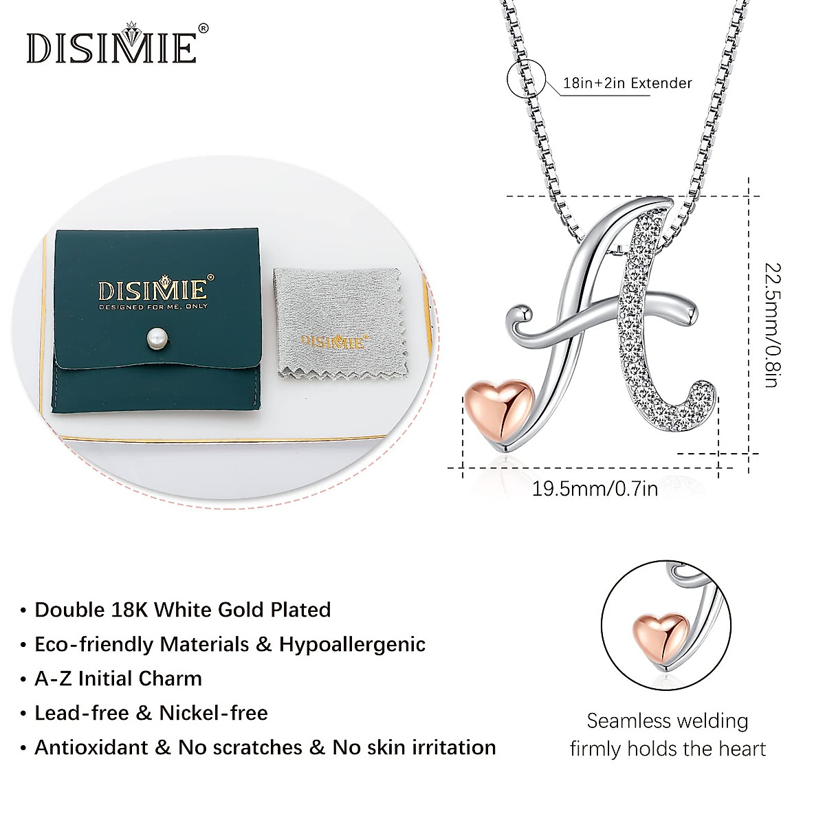 DISIMIE Silver Initial Name Necklaces for Women Girls, Letter Heart Pendant Necklace Aesthetic for Best Friend, Personalized Cute Chain Jewelry Birthday Anniversary Mother's Day Gift, Sterling