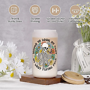 GSPY Skeleton Cup, Halloween Glass Cups with Lids and Straws - 16 oz Iced Coffee Cups, Funny Spooky Skull Tumbler - Witchy Gifts for Women - Christmas, Halloween Gifts for Friend, Sister, Mom