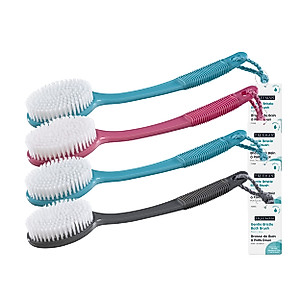 Freeman Gentle Bristle Bath Brush, Soft & Stiff Shower Bristles, Remove Dead Skin, Long Rubber Handle for Gripping, Gently Exfoliating for Back & Body, Stimulates Blood Circulation, 4 Count