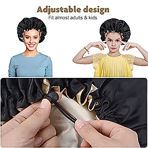 SUNLAND Satin Bonnet Hair Bonnet Silky Sleeping Cap Adjustable Satin Cap for Night Sleeping Hair Wrap Reversible Double Layer Black 2Pack
