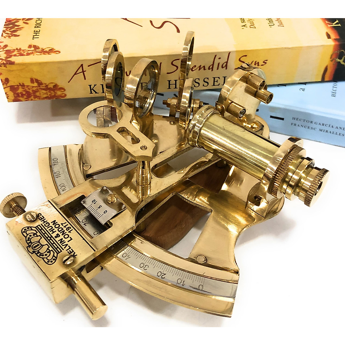 Maritime Kelvin & Hughes London Antique Brass Nautical Ship Sextant (with Triangular Wooden Box)