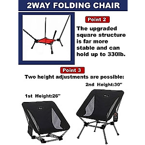 DRAXDOG Camping Chair, 2 Way Compact Backpacking Chair, Portable Folding Chair, Beach Chair with Side Pocket, Lightweight Hiking Chair Low Back Chair 002 (Black Set)