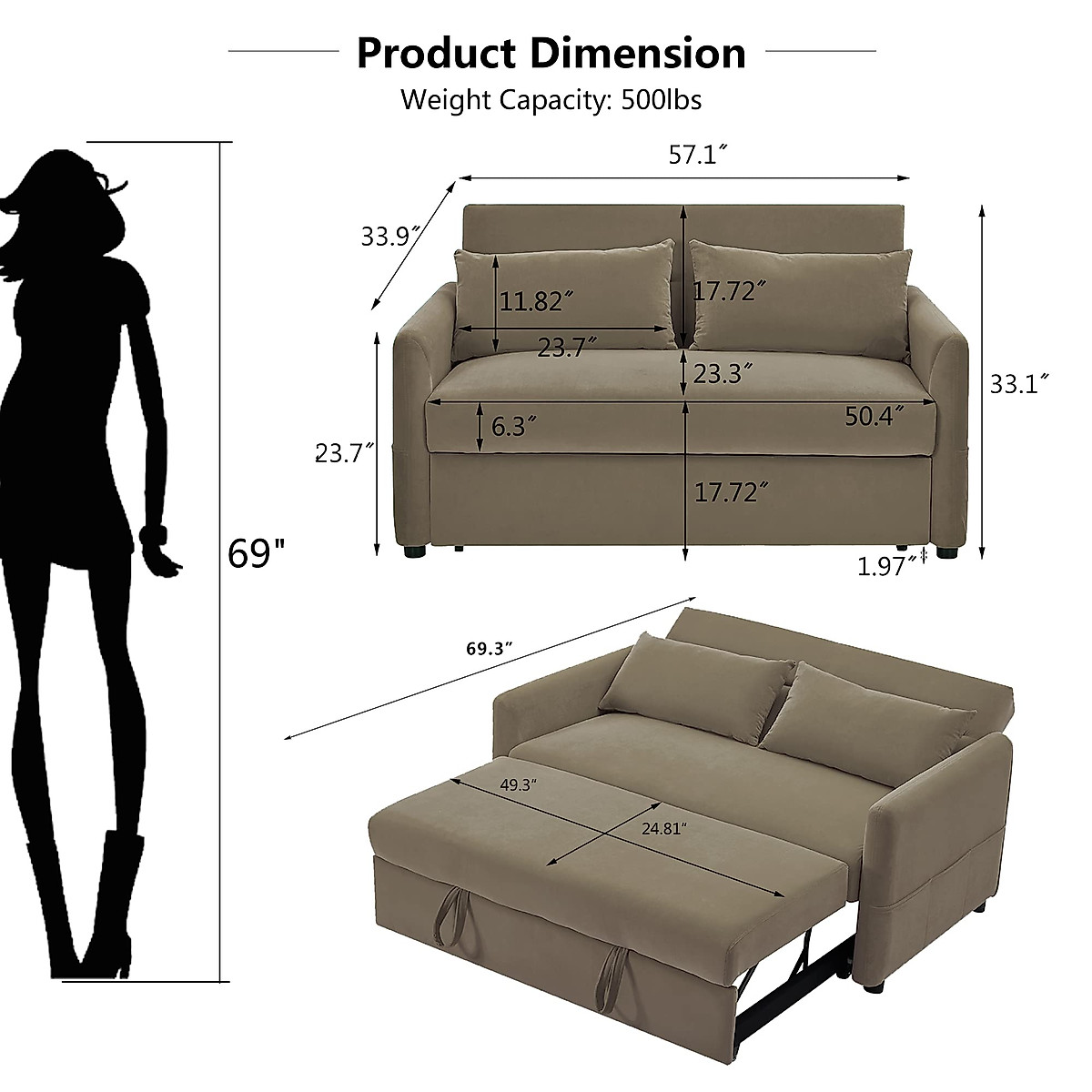 HUMEHA 57" Convertible Sleeper Sofa Bed, 3 in 1 Upholstered Velvet Loveseat Sofa with Put Out Bed, Modern 2 Seats Couch with Adjustable Back, 2 Pillows Side Pocket for Living Room RV, Brown