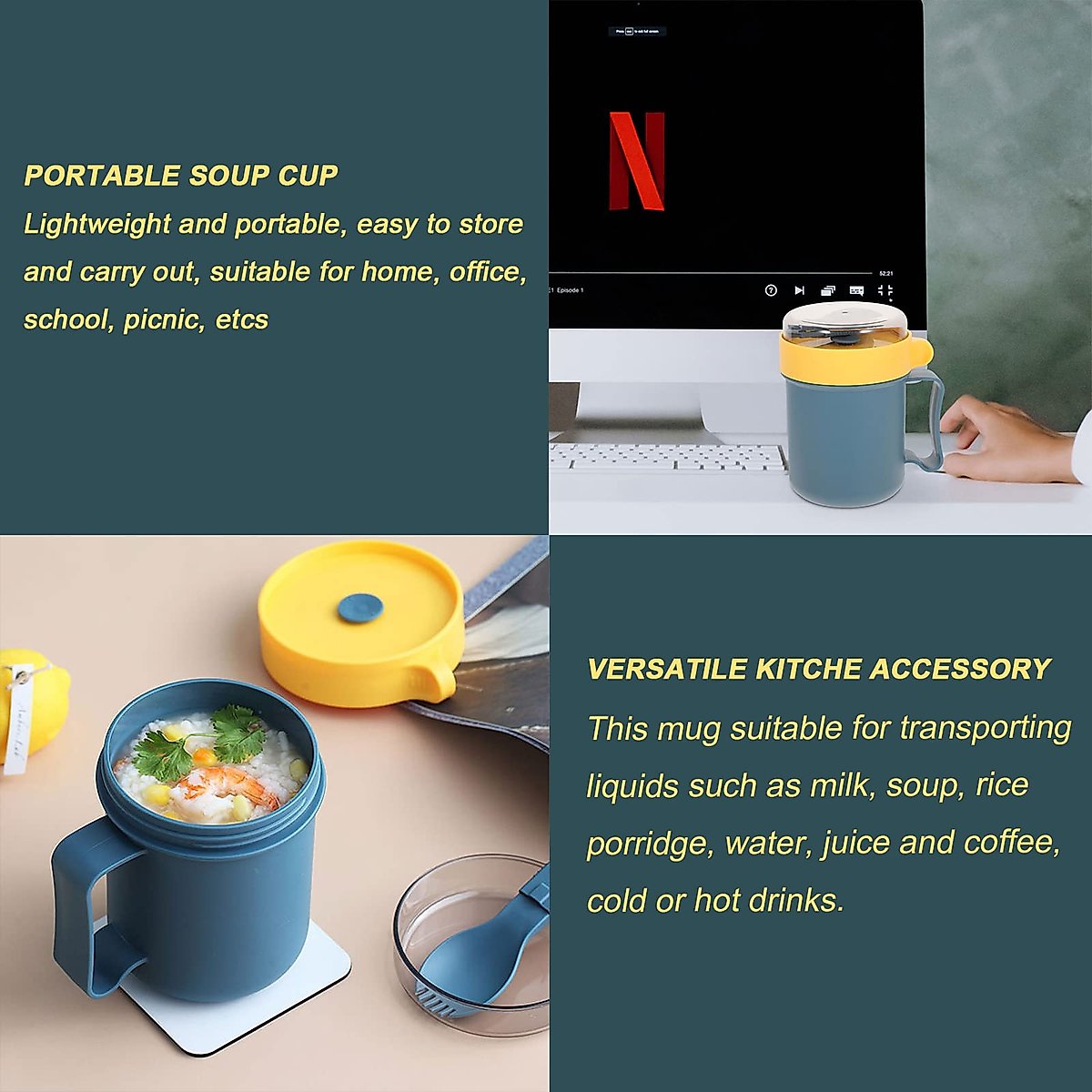SUNSHNO Soup Mug,18 Ounce Microwave Soup Cups with Lid Allows Food Flasks Oven Milk Cup Food Jar Container for Noodles, Hot Cereal and More in a Single Container-（Yellow）