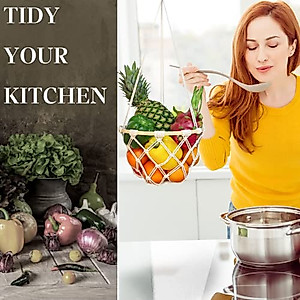 Single Tier Macrame Hanging Fruit Basket, Boho Vegetable Holder for Kitchen Food Storage with Hook, Bohemian Cotton Rope Produce Organizer, Plant Hanger Deocr for Home Bathroom Bedroom Living Room