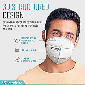 Breatheze KN95 Face Mask Made in USA Disposable Masks Breathable Face Mask Kn95 Mask White Facemask High-Filtration Protective Barrier Face Covering Elastic Ear Loops Adjustable Nose Clip 10 pack