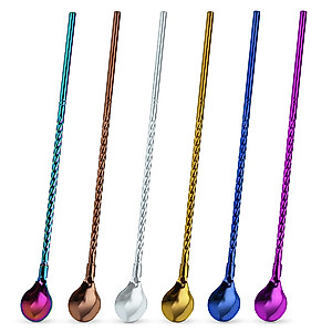 6 PCS Long Handle Spoon, 9 Inch Ice Tea Spoon, Ice Cream Spoon, Coffee Spoon, Cocktail Stirring Spoons, Reusable Stainless Steel Straw Spoon for Cold Drink