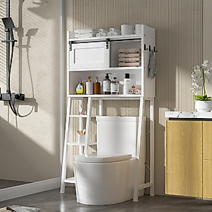 MU Over The Toilet Storage Cabinet with Sliding Door, 32.5" W Free Standing Toilet Shelf Space Saver with 3 Side Hooks & Anti-Tip Design, Space-Saving Toilet Rack for Bathroom, Laundry, White