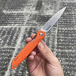 SHOOZIZ HAN312 Pocket Knife Folding Knife for EDC, 3.38" DC53 Steel Blade G10 Handle Folding knife With titanium alloy clip Ceramic ball bearing locating ball Everyday Carry Knife for Men Women (Orange+Sanding)