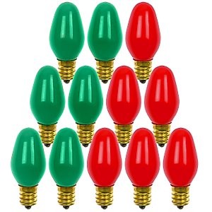 12 Pack C7 Red Light Bulb Green Light Bulb Ceramic Incandescent 7 Watt E12 Base C7 Night Light Colored Bulb Candelabra Based Red Bulb Green Bulb Christmas Bulb