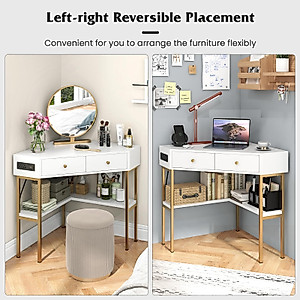 Tangkula White Corner Desk with 2 Drawers & Built-in Charging Station, 90 Degrees Triangle Corner Computer Desk for Small Space, Bedroom Makeup Vanity Desk with Storage Shelves, Corner Writing Desk