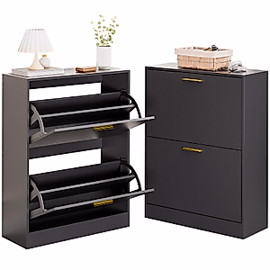 LYNSOM Shoe Cabinet, Free Standing Tipping Bucket Shoe Rack Organizer with 2 Flip Drawers, Modern Entryway Shoe Storage with Top Display, Narrow Slim Hidden Shoe Cabinet (Black)