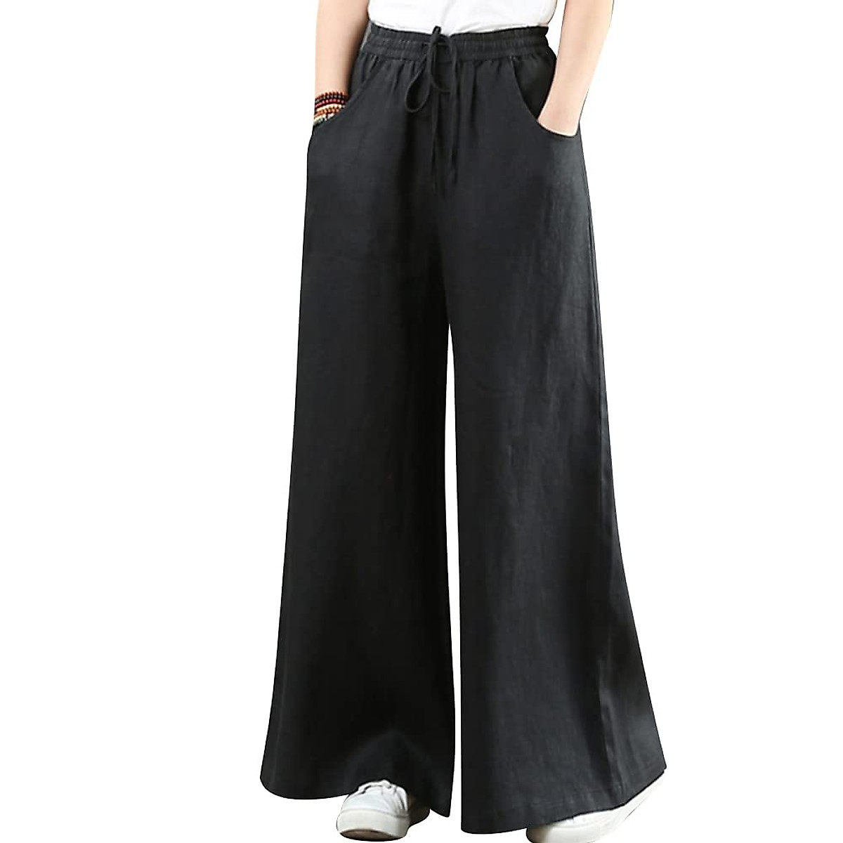OBEEII Womens Casual Elastic High Waisted Wide Leg Loose Palazzo Pants Trousers with Pockets Black XL