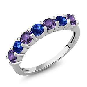 Gem Stone King 925 Sterling Silver Purple Amethyst and Blue Sapphire 7 Round Stone Wedding Anniversary Ring For Women (1.32 Cttw, Gemstone Birthstone, Available In Size 5, 6, 7, 8, 9)
