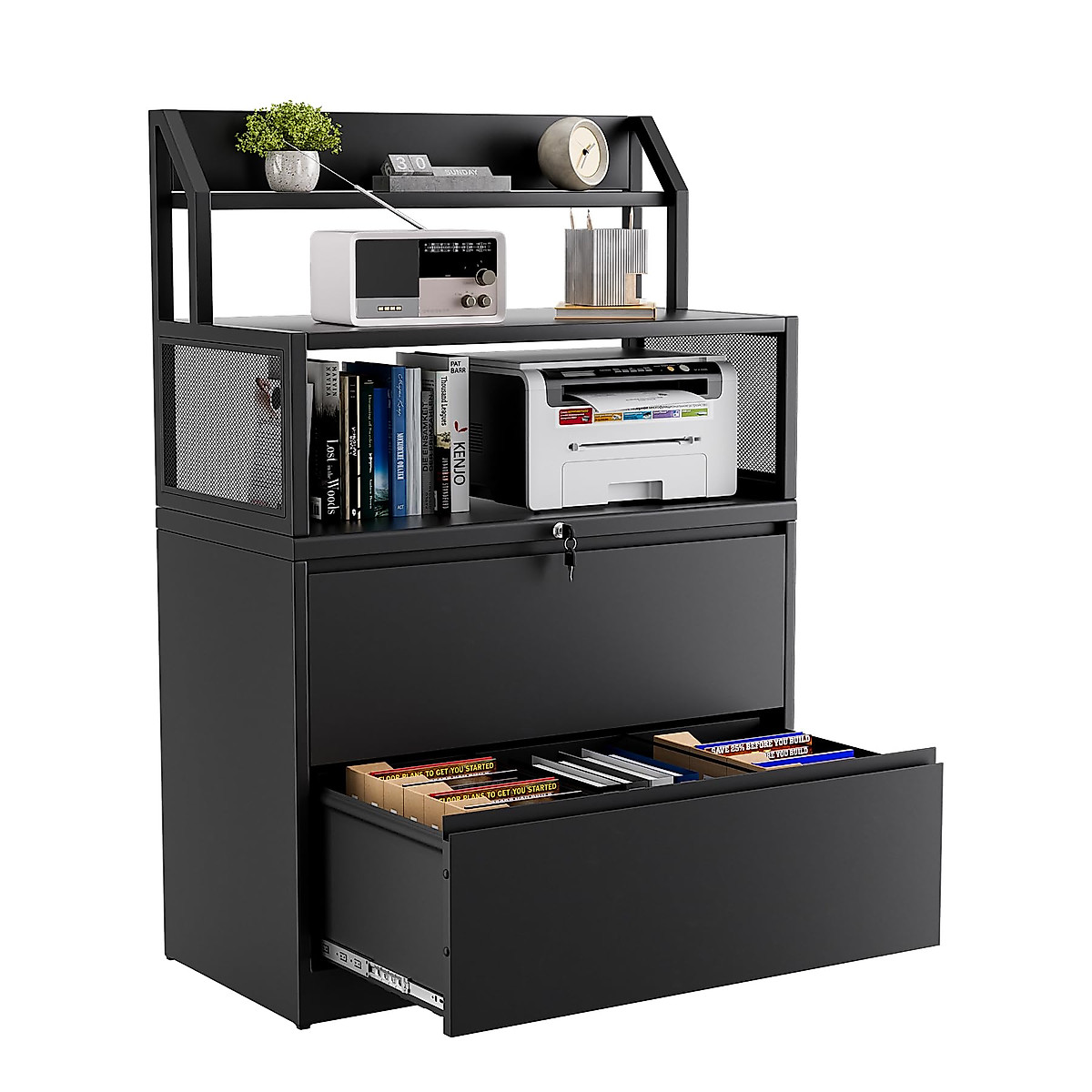 OUYESSIR 2 Drawer File Cabinet with Lock, Filing Cabinets with Storage Shelves for Home Office, Lateral File Cabinet in Steel Metal, Office Storage Drawers for Legal, Letter, A4 File (Black)