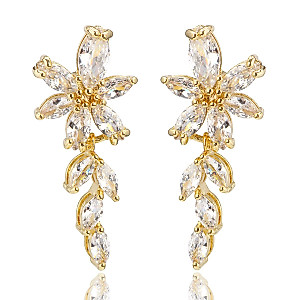 Gold Cubic Zirconia Bridal Earrings - Women’s Marquise CZ Cluster Floral Leaf Crystal Rhinestone Dangle Drop Earring Sterling Silver for Bride Bridesmaids Mother of Bride Party Prom Earrings for Girls