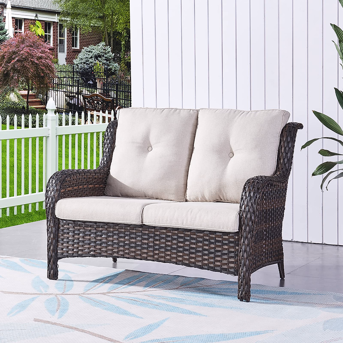 Rilyson Outdoor Patio Couch Wicker Sofa - 3 Seater Rattan Sofa for Outside Patio Garden Porch with Deep Seating and Cushions(Brown/Blue)