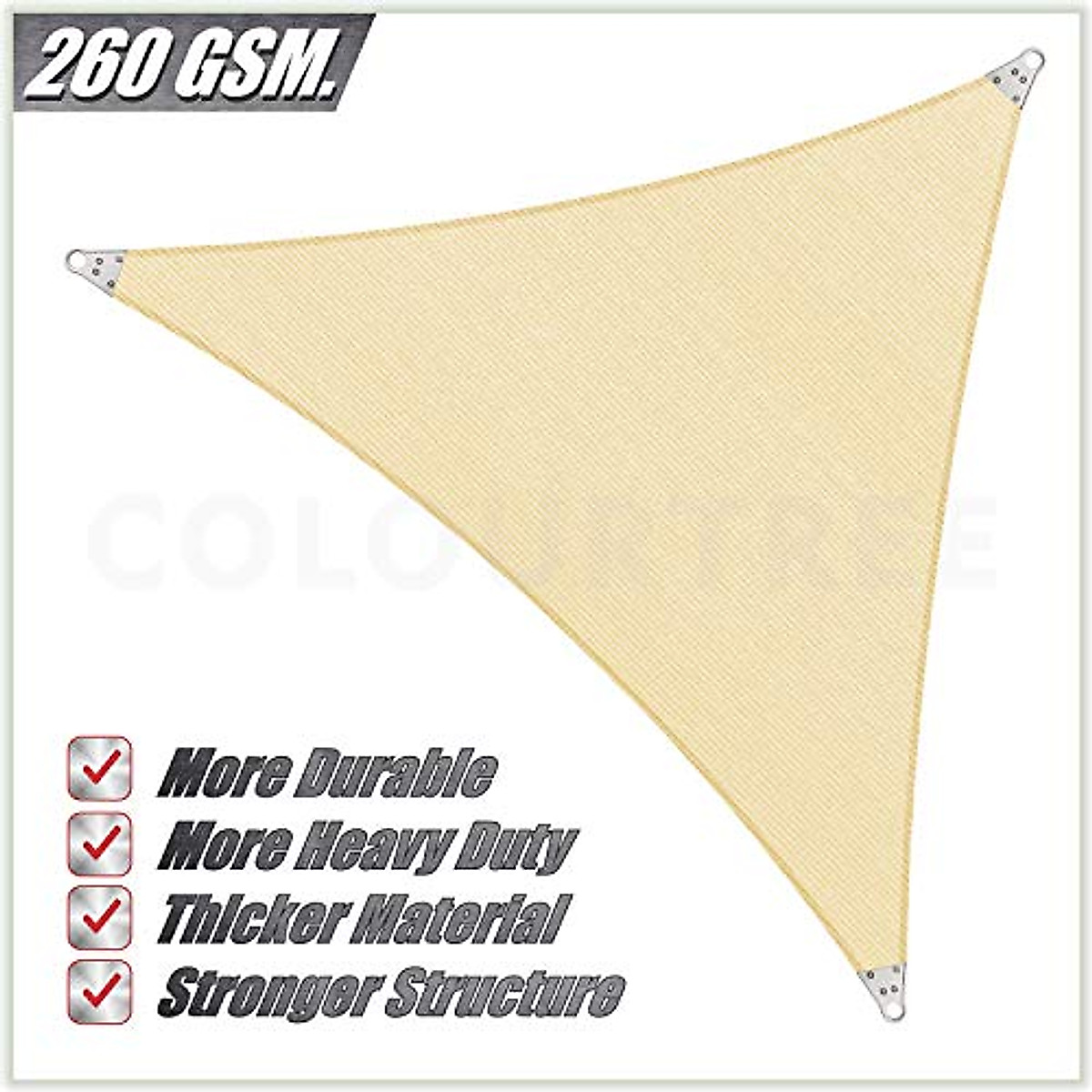 ColourTree 16' x 16' x 16' Beige Triangle Sun Shade Sail Canopy Structure, Super Durable Heavy Duty, Reinforced Corners, Edges & 260 GSM Permeable Fabric - 3 Years Warranty