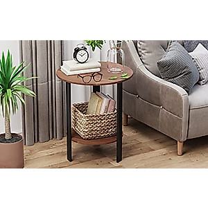 POINTANT Round End Table Round Side Table 20'' Brown Farmhouse End Table for Living Room Bedroom with 2-tire Storage Shelf Mid Century Modern End Table