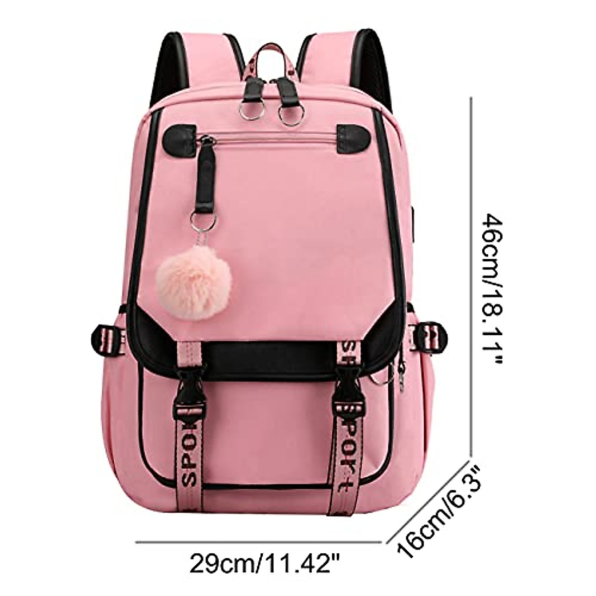 JiaYou Teenage Girls' Backpack Middle School Students Bookbag Outdoor Daypack with USB Charge Port (21 Liters, Pink Black)
