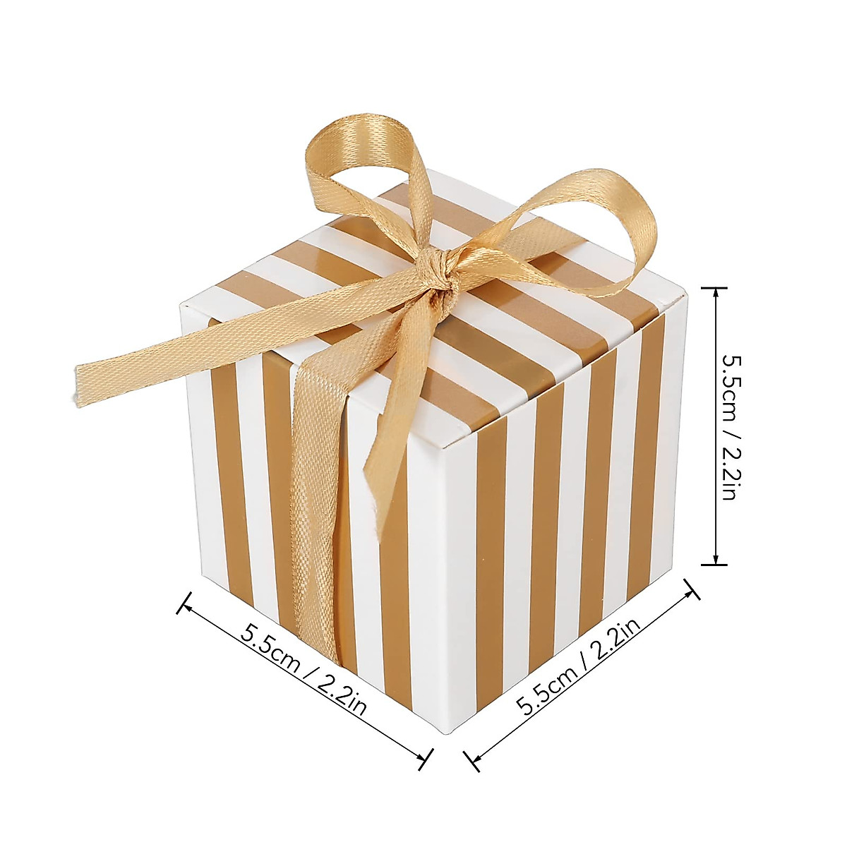 Restokki 50Pcs Mini Gift Boxes 2.2in Squared Gold Stripes Easy Assembly Gift Wrapping Box with Ribbons for Party Wedding Birthday Christmas Party
