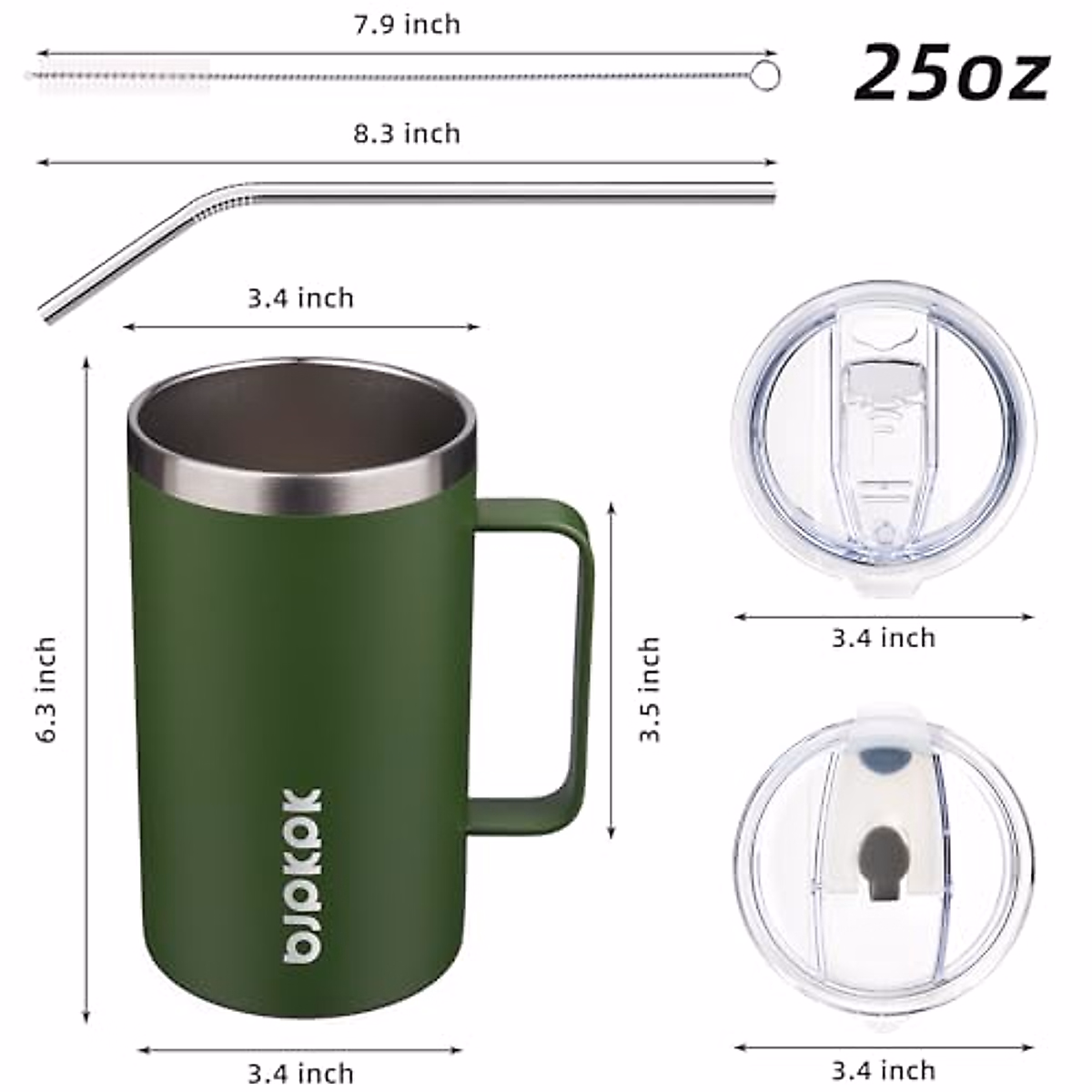 BJPKPK Insulated Coffee Mug with 2 Lids, 25oz Stainless Steel Insulated Tumbler with Handle, Double Wall Vacuum Coffee Cup, BPA Free Leak Proof Thermos for Travel & Home, Forest Green