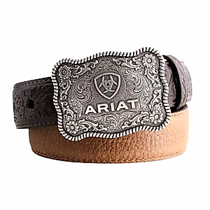 ARIAT Youth Boys Western Distressed Leather Floral Accented Belt, Brown, 26