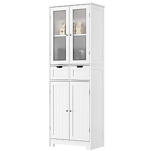HORSTORS Tall Storage Cabinet, Freestanding Kitchen Pantry Cabinet with Glass Doors and Shelves, Large Modern Cupboard with 2 Drawers for Home Office, White, 23.6" L x 11.8" D x 66.9" H
