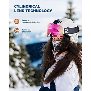 ZIONOR X11 Ski Snowboard Snow Goggles with Magnetic Interchangeable Cylindrical Lens Anti-fog UV Protection for Men Women Adult （VLT 15% Clear Rose Lens）