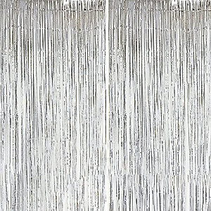 Dazzle Bright Backdrop Curtain, 3FT x 8FT Metallic Tinsel Foil Fringe Curtains Photo Booth Background for Baby Shower Party Birthday Wedding Engagement Bridal Shower (2, Silver)