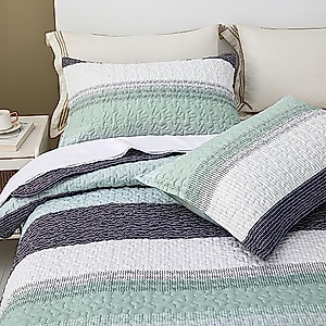 DURLENGEN Mint Green Quilt Set California King Size 3Pcs, Bohemian Design with White & Mint Green & Blue & Grey Stripes, All Season Lightweight Coverlet Sets(California King 112x104,Mint Green)