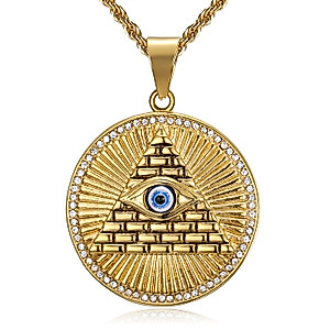 Eye of Horus On Pyramid Egyptian And Scarab Egyptian Protection Ankh Cross Protection Pendant Stainless Steel Necklace, 24 Inch Chain Eye of Providence/ All-Seeing-Eye/Blue Evil Eye Jewelry