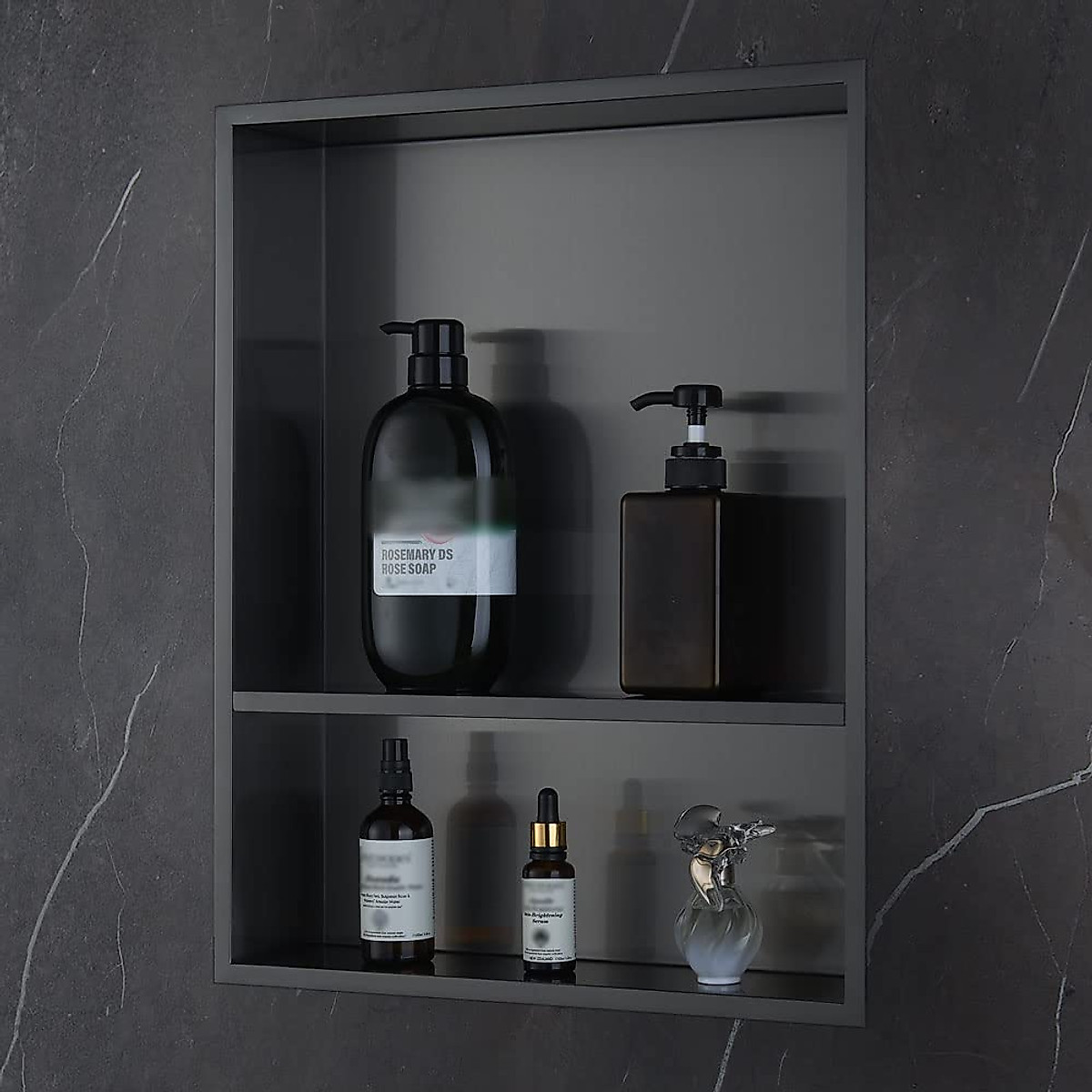 NAVNKA Shower Niche, 16"x20" No Tile Needed, The Insert Storage Rectangle Double Shower Shelf is Easy to Install, Stainless Steel, Black Grey
