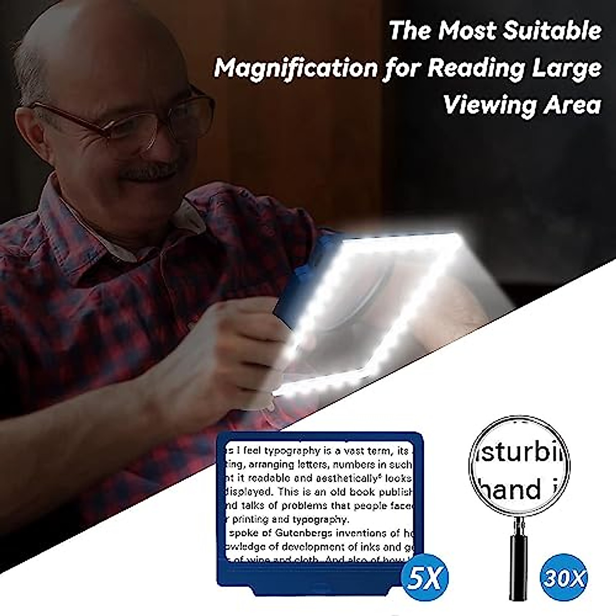 5X Magnifying Glass for Reading, Large and Lightweight Magnifier with 36 Ultra-Bright Dimmer LED Lights Provide Full-Page Viewing Area Evenly Lit Perfect for Low Vision Person and Seniors(Dark Blue)