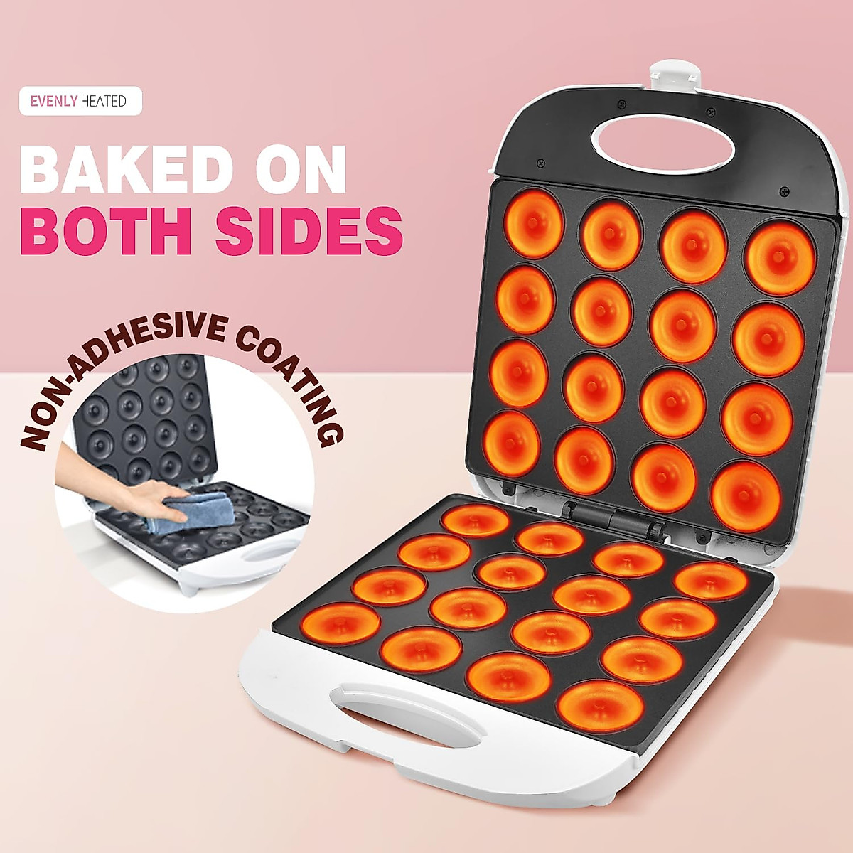 DSP All in One Mini Donut Maker - Non-Stick, Cool Touch Electric Doughnut Machine for 16 Mini Donuts - 1400W Perfect for Breakfast, Snacks & Desserts