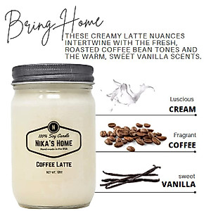 Nika's Home Coffee Latte Soy Candle - 12oz Mason Jar - Non-Toxic Soy Candle-Hand Poured Candle- Handmade, Long Burning Candle-Highly Scented Candle-All Natural, Clean Burning Candle