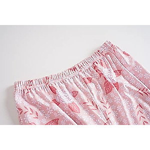 HONG HUI Women's Pajama Short Sleeve Sets Top with Capri Flower Pattern Pants Soft and Casual Sleepwear with Pocket,XXXL Pink