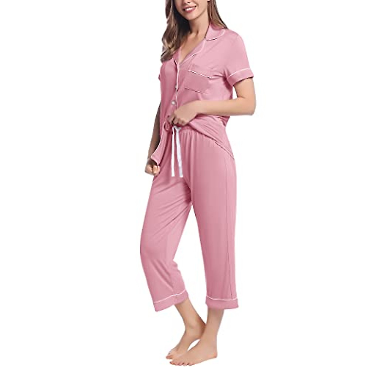 Joyaria Bamboo Pajamas for Women Cooling Capri Pj Sets Short Sleeve(Dusty Pink,Large)